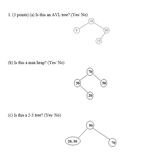 Solved Is this an AVL tree? (Yes/No) (b) Is this a max | Chegg.com
