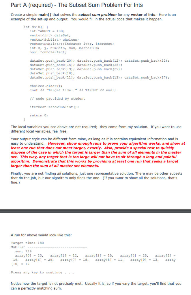 Part A (required) The Subset Sum Problem For Ints | Chegg.com
