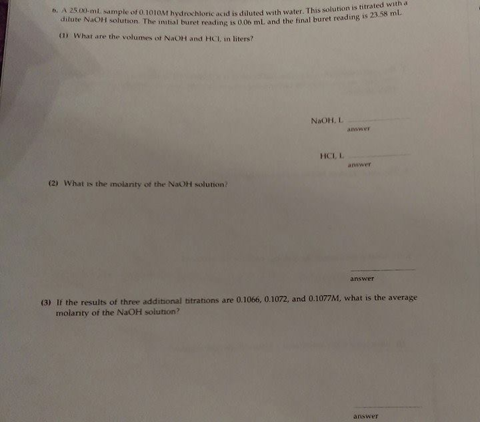 A 25.00 mL sample of 0.1010 M hydrochloric acid is | Chegg.com