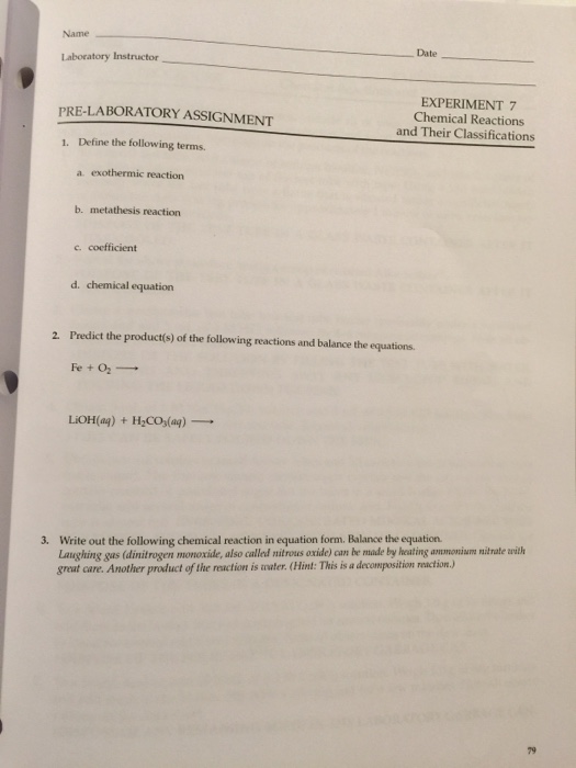 Solved Name Date Laboratory Instructor EXPERIMENT 7 Chemical | Chegg.com