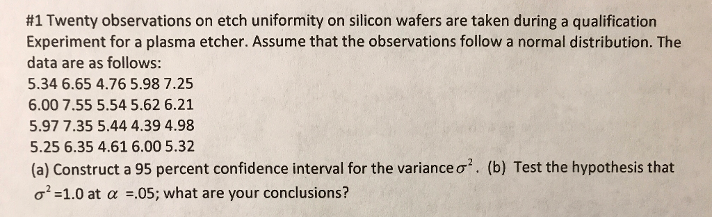 Solved Twenty observations on etch uniformity on silicon | Chegg.com