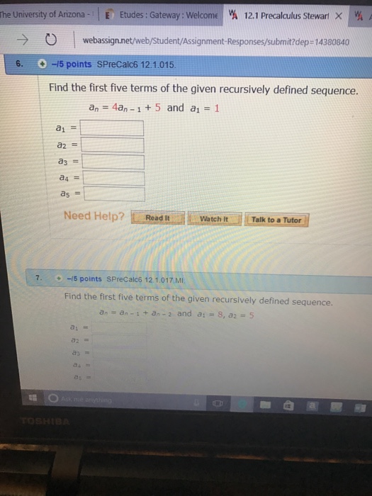 Solved Find the first five terms of the given recursively | Chegg.com