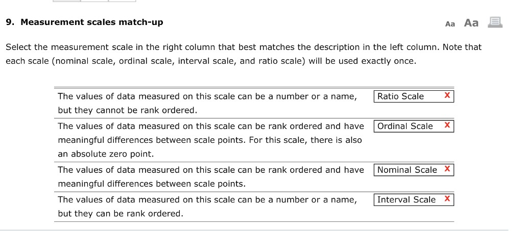 Solved 9. Measurement scales match-up Aa Aa Select the | Chegg.com