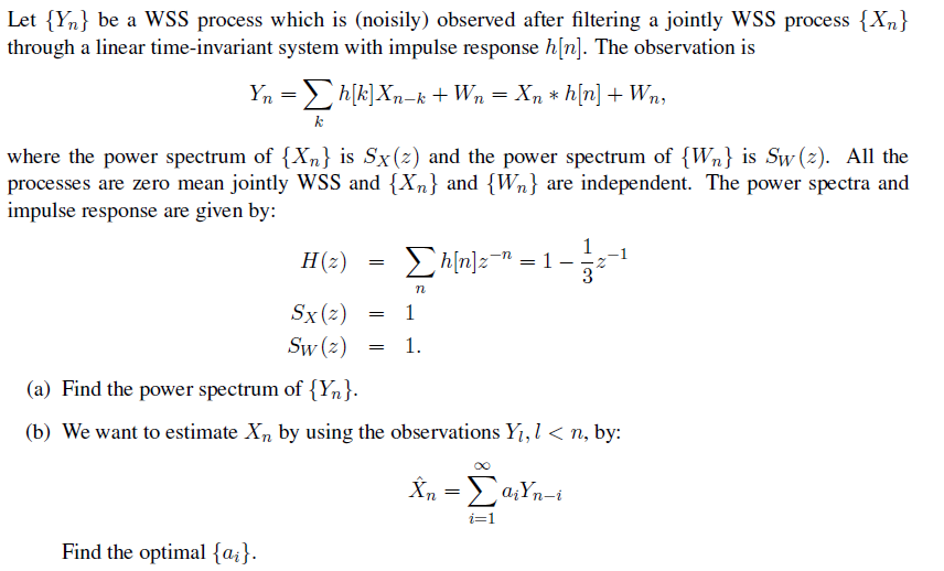 Let {Ynj be a WSS process which is (noisily) observed | Chegg.com