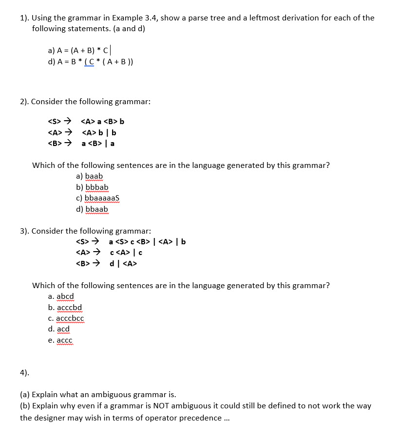 Solved 1). Using the grammar in Example 3.4, show a parse | Chegg.com