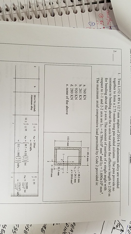 1. Two L152 x 89 x 12.7 mm angles of 2014-T6 aluminum | Chegg.com