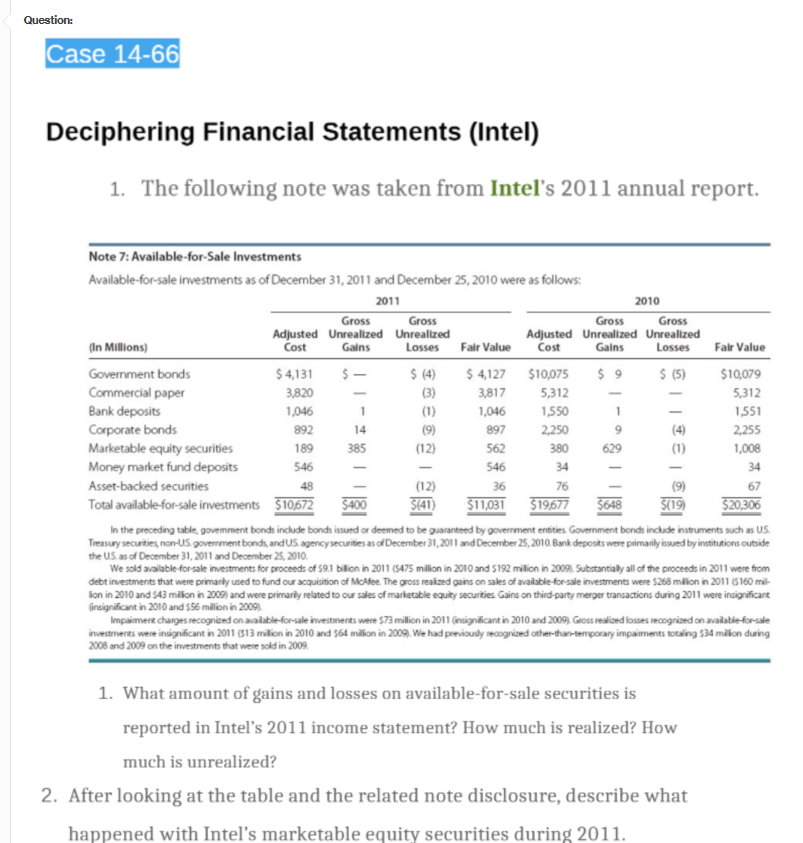 Solved Case 14-66 Deciphering Financial Statements (Intel) | Chegg.com