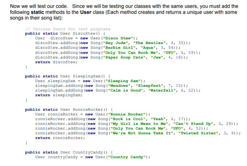 (1) The Song/ User Classes Here are simple Song and | Chegg.com