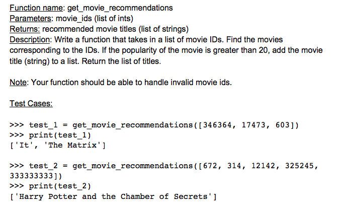 Solved Function name: get_movie_recommendations Parameters: | Chegg.com