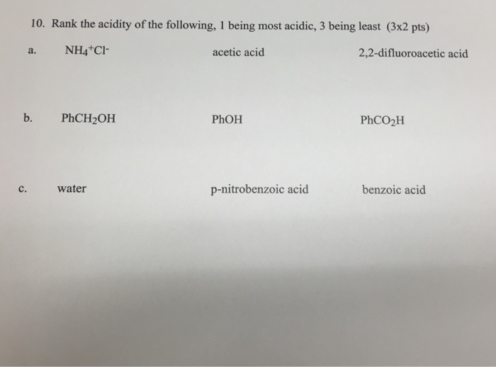 Solved 10. Rank the acidity of the following, I being most | Chegg.com