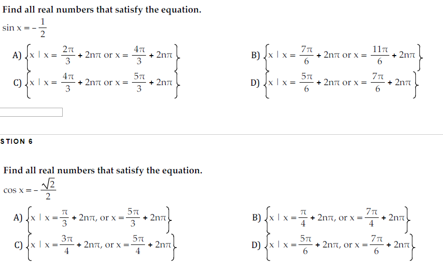 Solved Find all real numbers that satisfy the equation. sin | Chegg.com