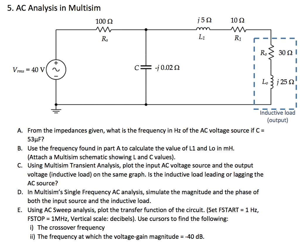 Solved 5. AC Analysis in Multisim 100 Ω j5Ω 10 Ω Rs し1 C=-j | Chegg.com