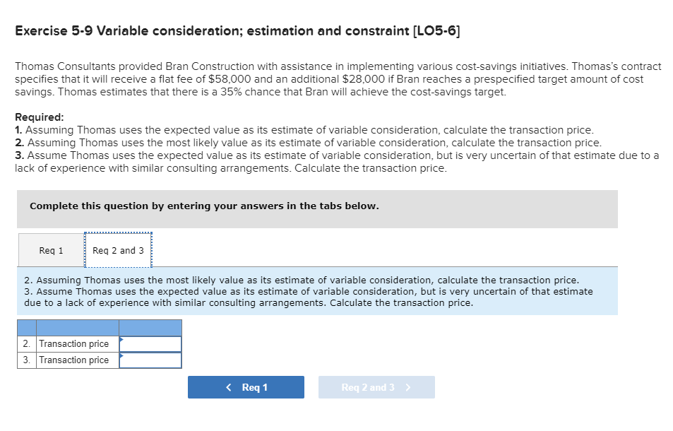 Exercise 5-9 Variable consideration; estimation and | Chegg.com