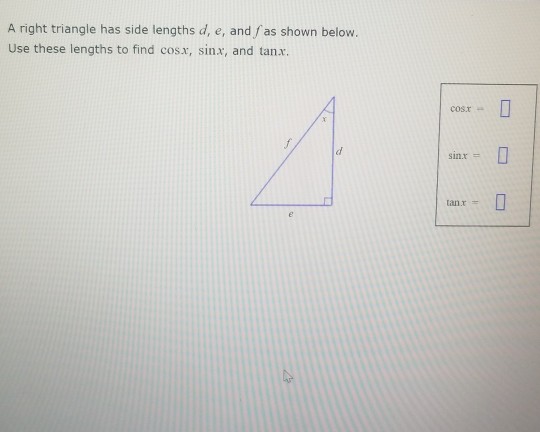 Solved A right triangle has side lengths d, e, and /as shown | Chegg.com