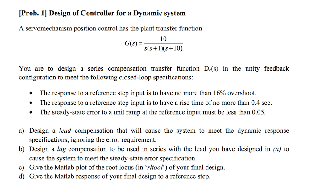 Solved [Prob. 1] Design of Controller for a Dynamic system A | Chegg.com