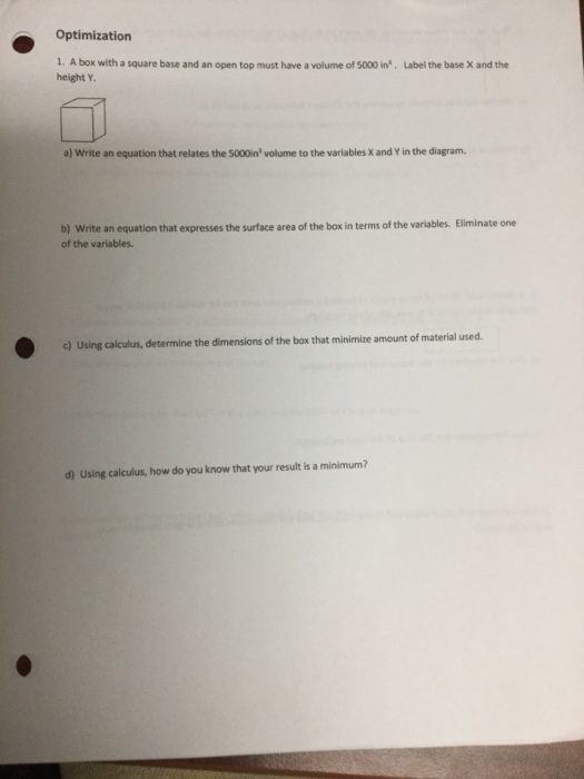 Solved A box with a square base and an open top must have a | Chegg.com