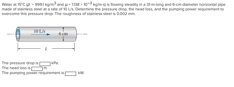 Solved Water at 15°C (0-9991 kg/m3 and μ-1138 x 10-3 kg/ms) | Chegg.com