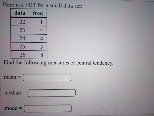 Solved Here is a FDT for a small data set: data freq 23 24 | Chegg.com