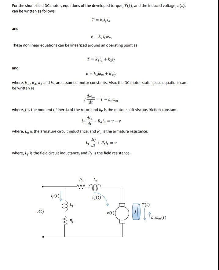 For the shunt-field DC motor, equations of the | Chegg.com
