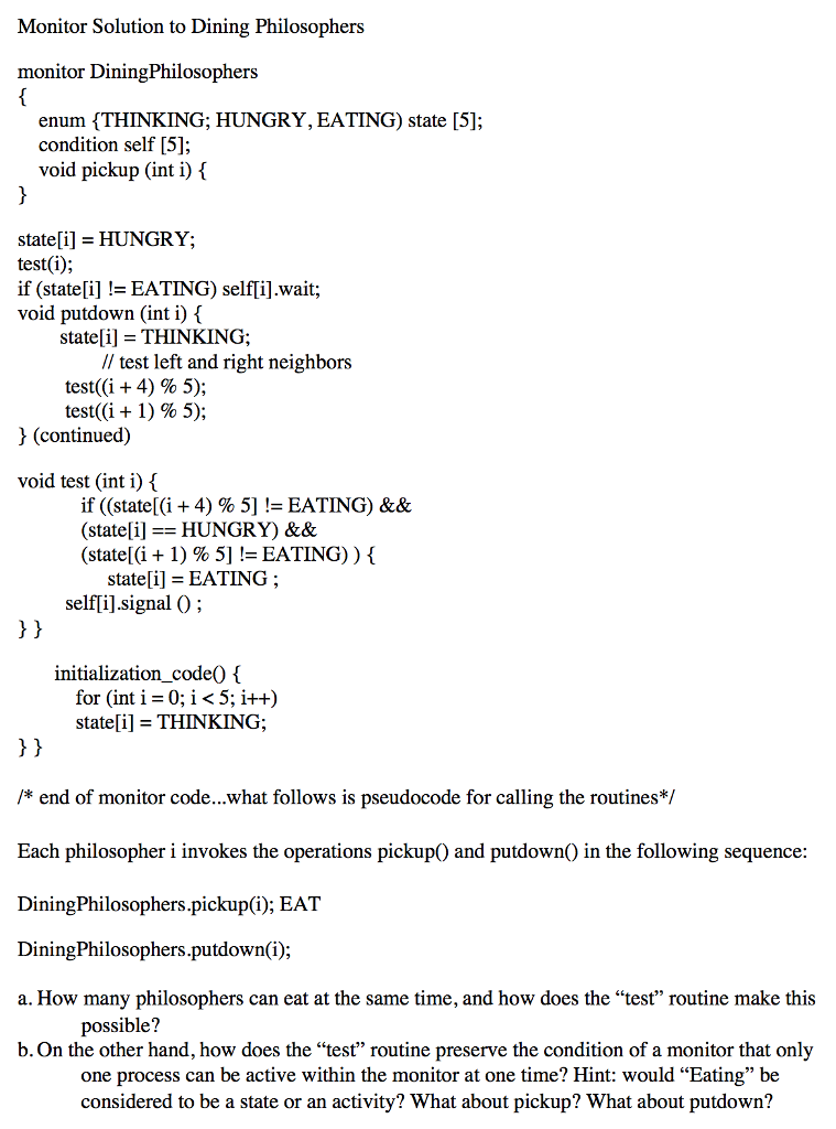 Solved Monitor Solution to Dining Philosophers monitor | Chegg.com