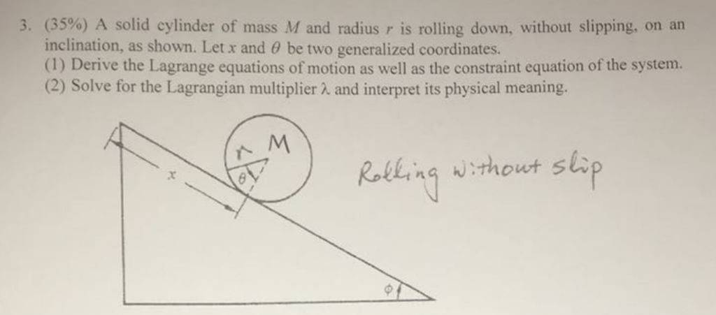 Solved A solid cylinder of mass M and radius r is rolling | Chegg.com
