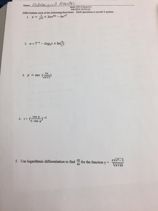 Solved Differentiate Each Of The Following Functions Each