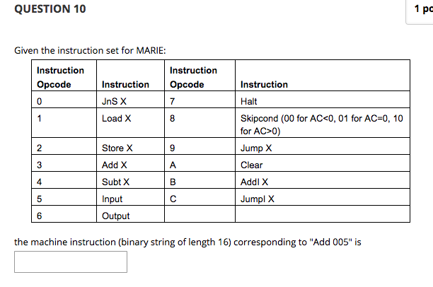 QUESTION 10 1 pc Given the instruction set for MARIE: | Chegg.com