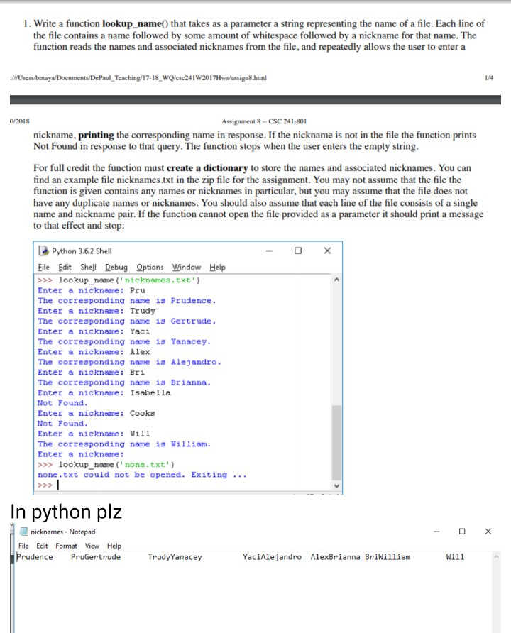 Solved 1. Write a function lookup name0 that takes as a | Chegg.com