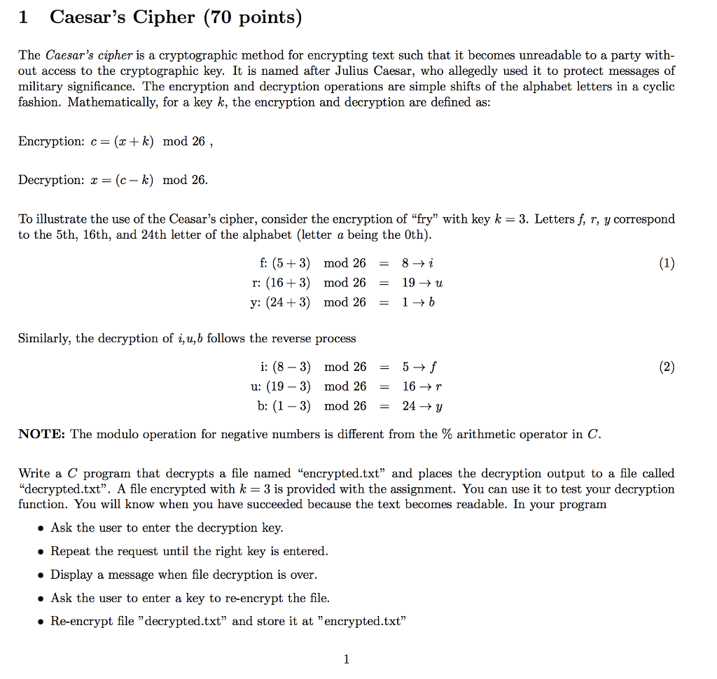 Solved 1 Caesars Cipher 70 Points The Caesars Cipher Is
