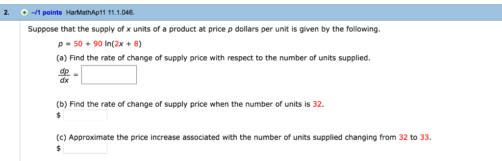 Solved Suppose that the supply of x units of a product at | Chegg.com