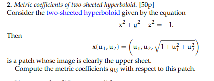 Solved 2. Metric coefficients of two-sheeted hyperboloid. | Chegg.com