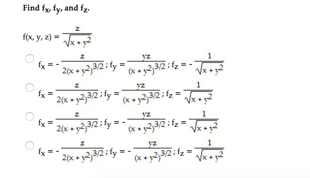 Solved Find f_x, f_y, and f_z. ff(x, y, z)=z/'squareroot | Chegg.com
