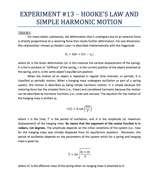 Solved EXPERIMENT #13 HOOKE'S LAW AND SIMPLE HARMONIC MOTION | Chegg.com