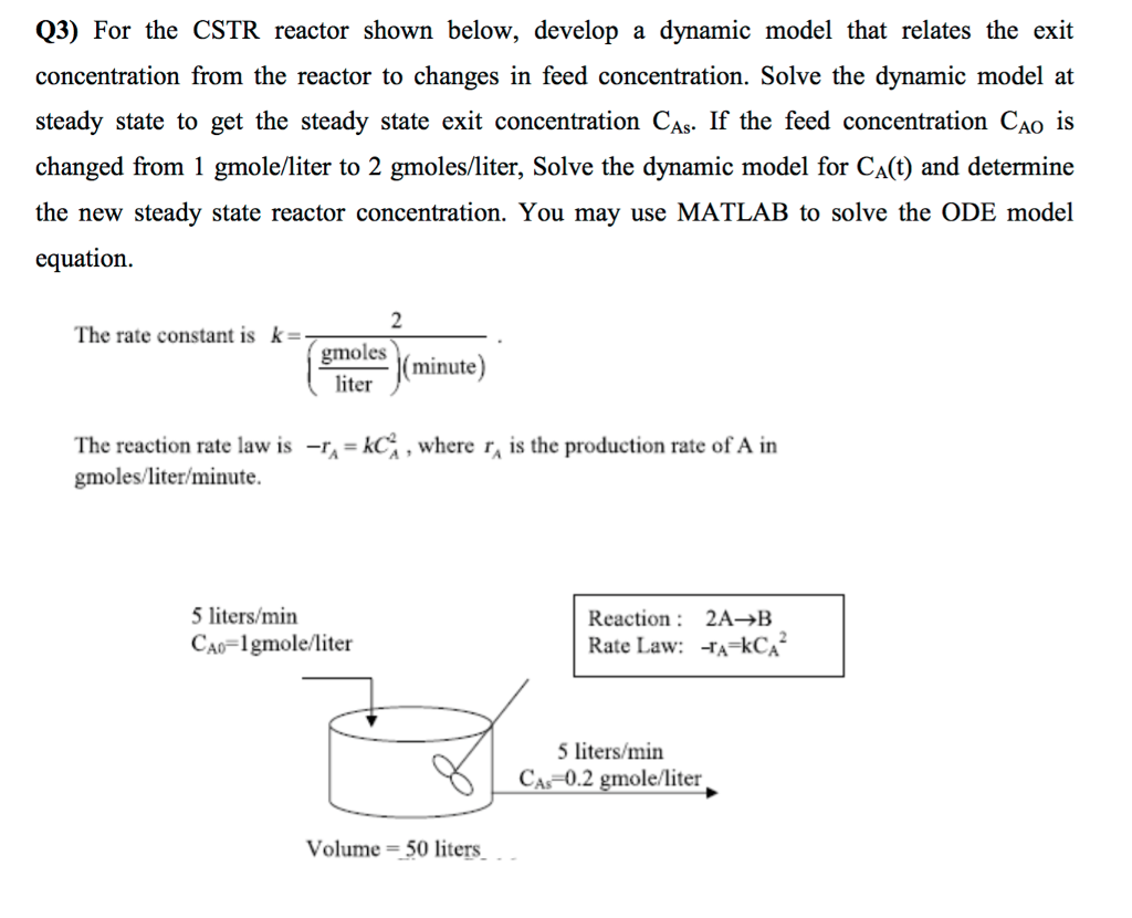 For the CSTR reactor shown below, develop a dynamic | Chegg.com