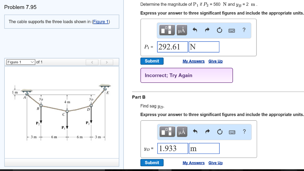 Solved The cable supports the three loads shown in (Figure | Chegg.com