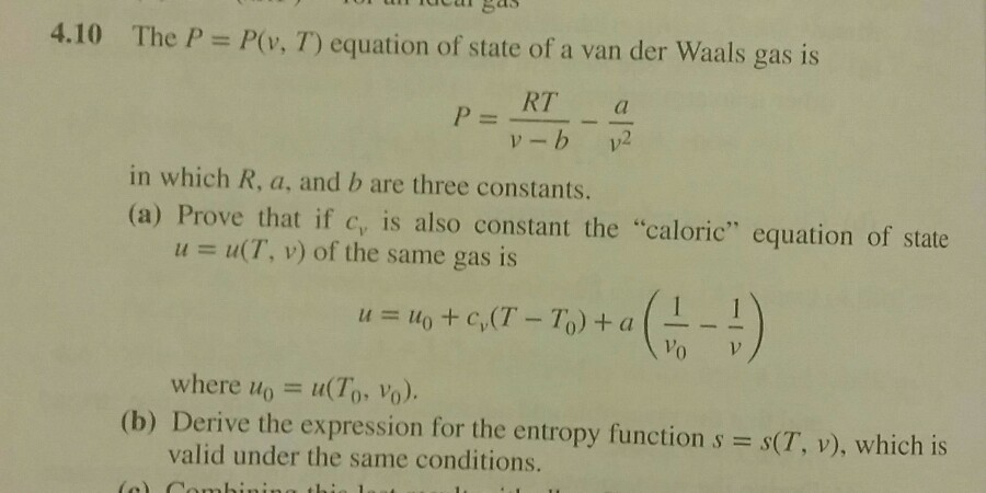 Solved 4.10 The P = P(v, T) equation of state of a van der | Chegg.com