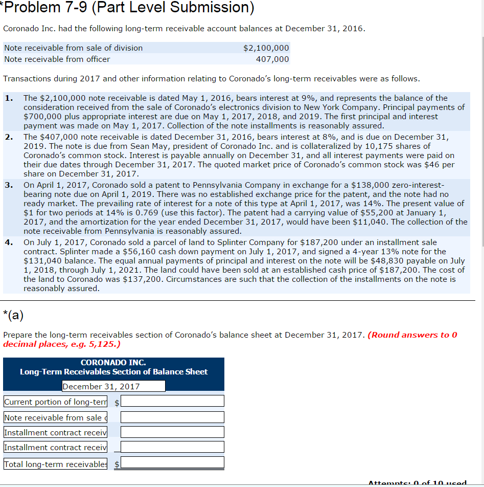 Solved Problem 7-9 (Part Level Submission) Coronado Inc. had | Chegg.com
