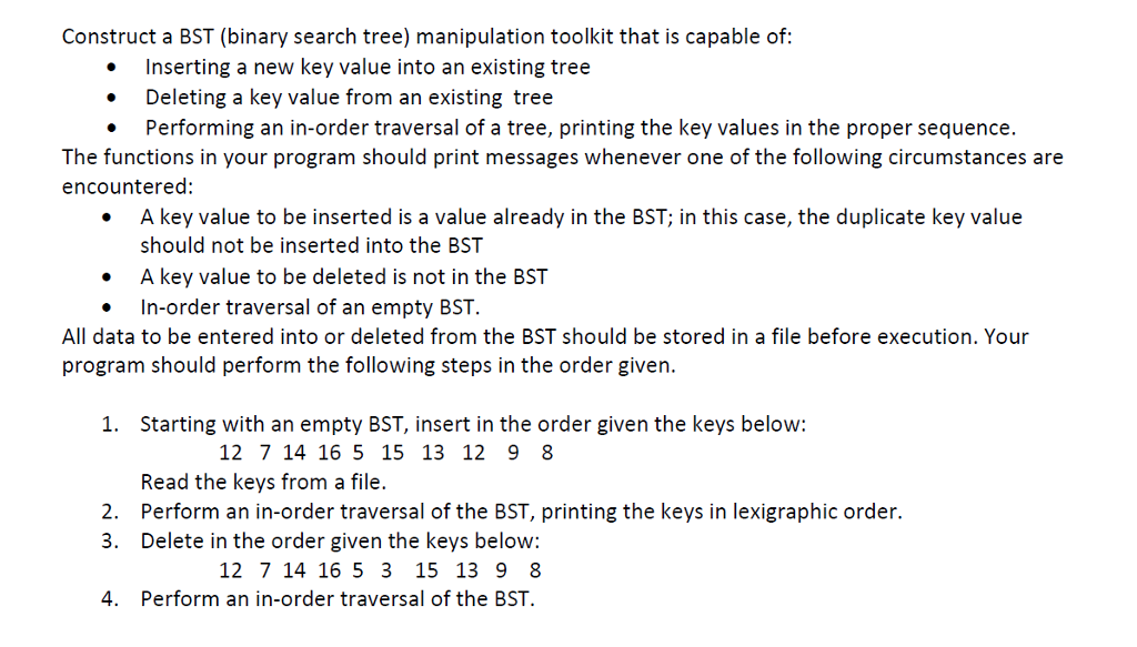 Construct a BST (binary search tree) manipulation | Chegg.com Construct a BST (binary search tree) manipulation | Chegg.com