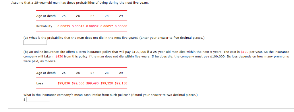 Solved Assume that a 25-year-old man has these probabilities | Chegg.com