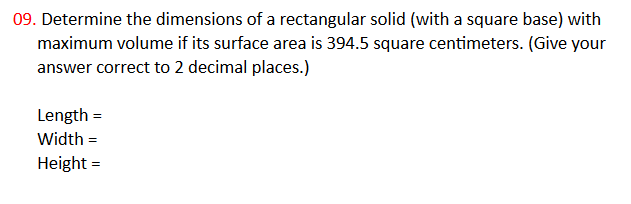 Solved 09. Determine the dimensions of a rectangular solid | Chegg.com