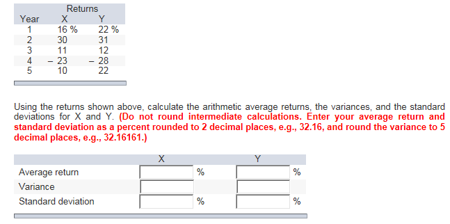 Solved Returns Year X 22 % 31 12 16% 2 30 3 11 4 -2328 5 10 | Chegg.com