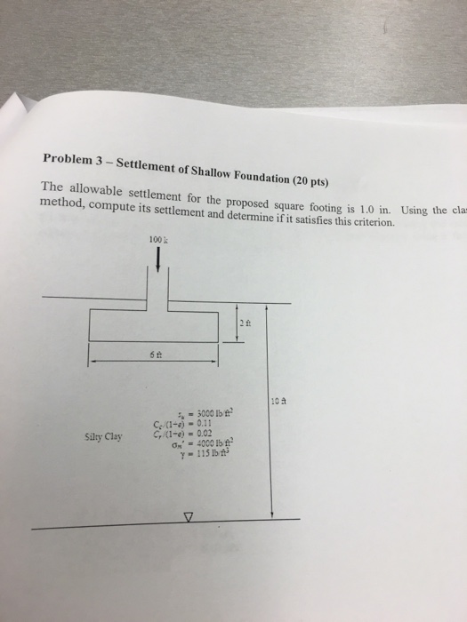 Solved Problem 3 - Settlement of Shallow Foundation (20 pts) | Chegg.com Solved Problem 3 - Settlement of Shallow Foundation (20 pts) | Chegg.com