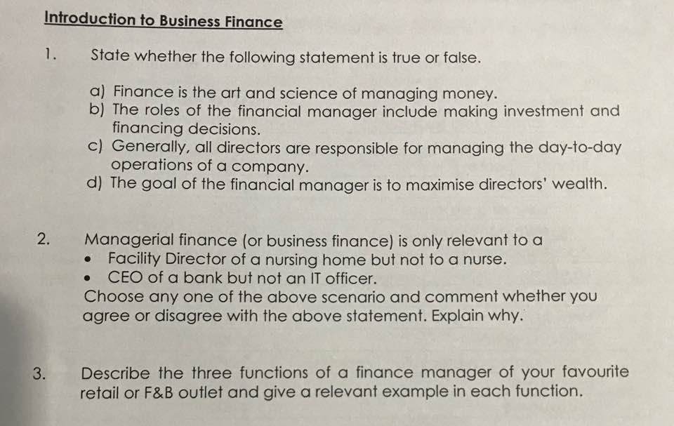 Solved introduction to Business Finance 1. State whether the | Chegg.com