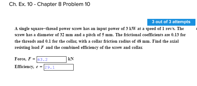 Solved A single square-thread power screw has an input power | Chegg.com