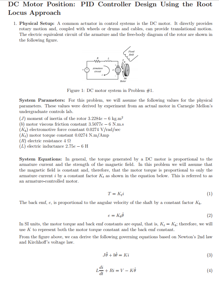 Solved DC Motor Position: PID Controller Design Using the | Chegg.com