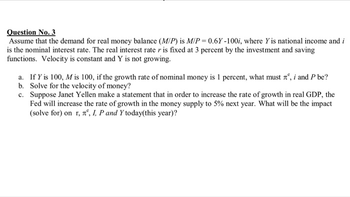 Solved Assume that the demand for real money balance (M/P) | Chegg.com