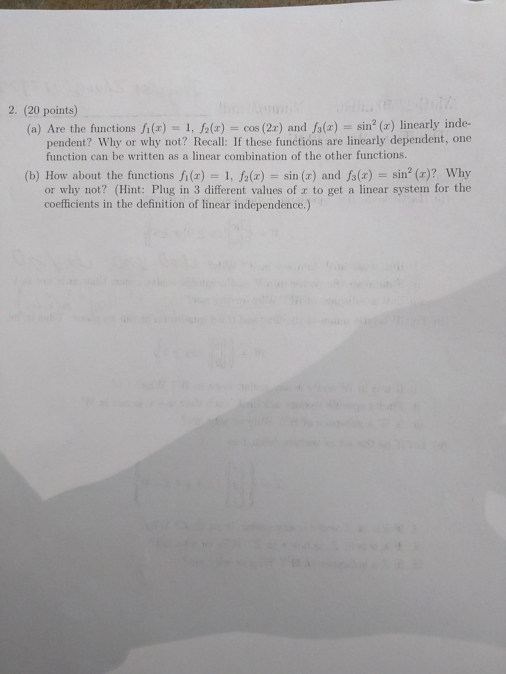 Solved Are The Functions F1x 1 F2x Cos 2x And 
