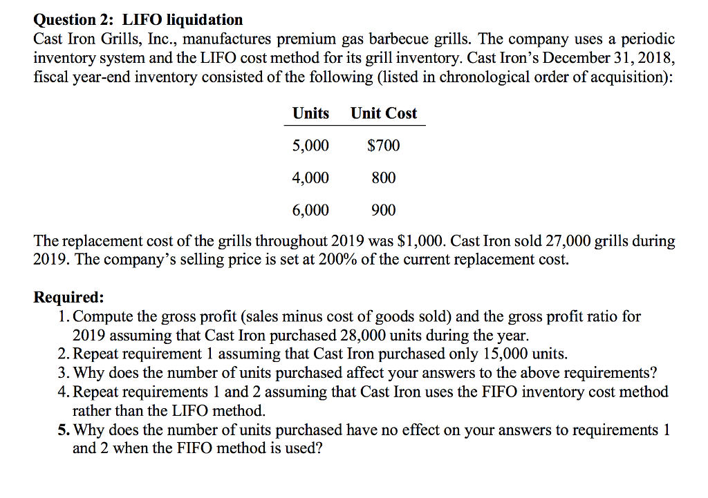 Solved Question 2: LIFO liquidation Cast Iron Grills, Inc., | Chegg.com