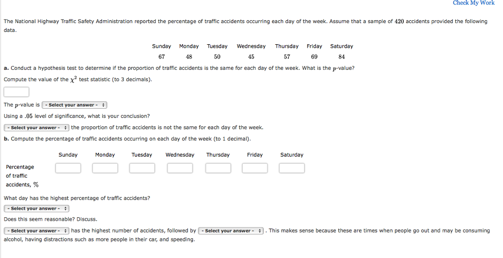 Solved Check My Work The National Highway Traffic Safety | Chegg.com