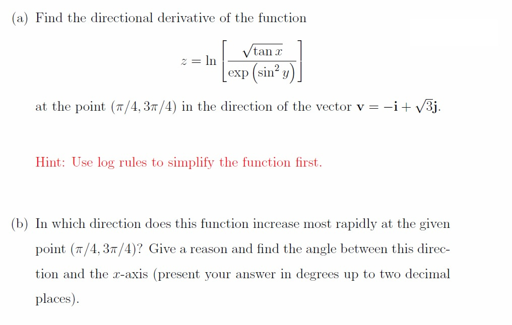 Solved Find the directional derivative of the function z = | Chegg.com